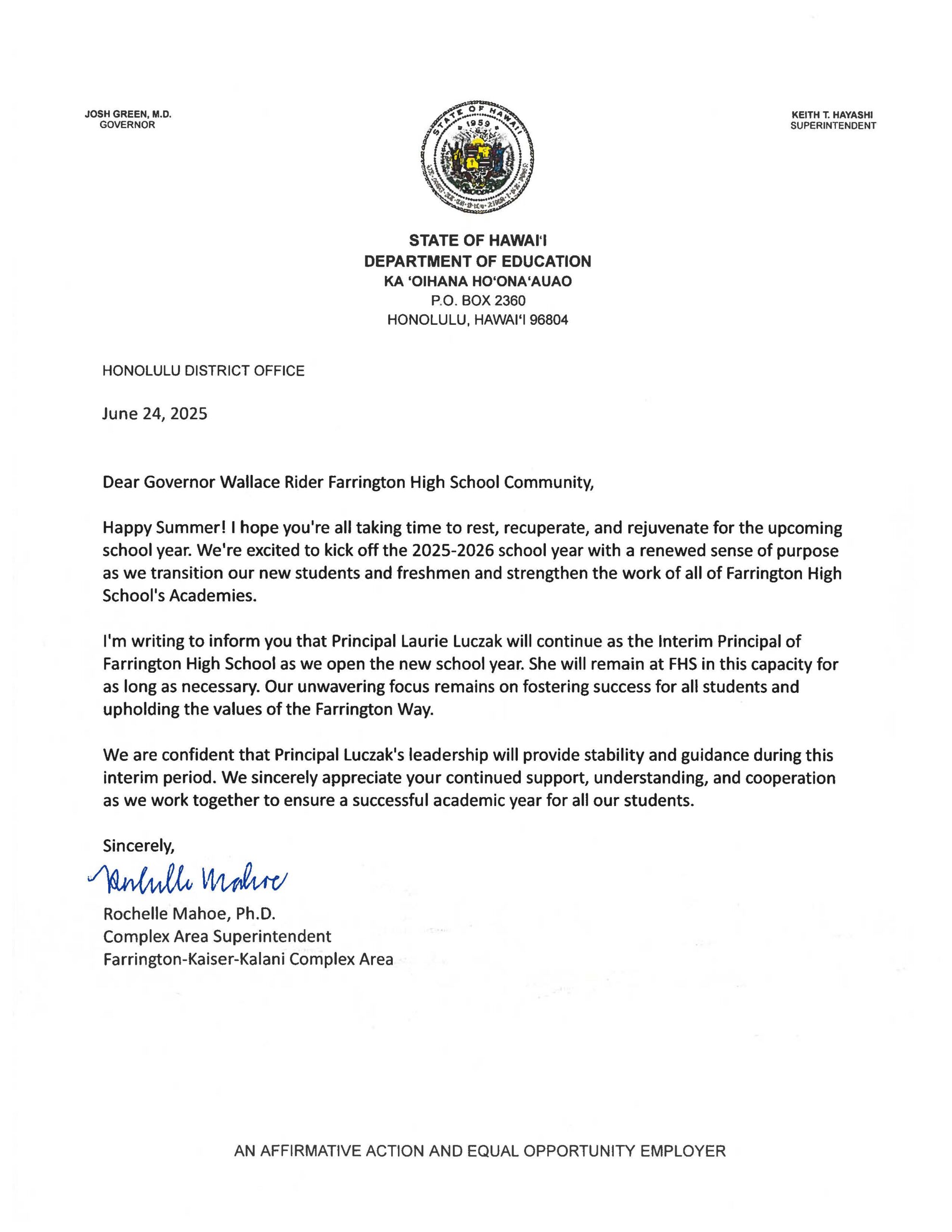 Fhs Letter Dated 06 24 25 – W.R. Farrington High School